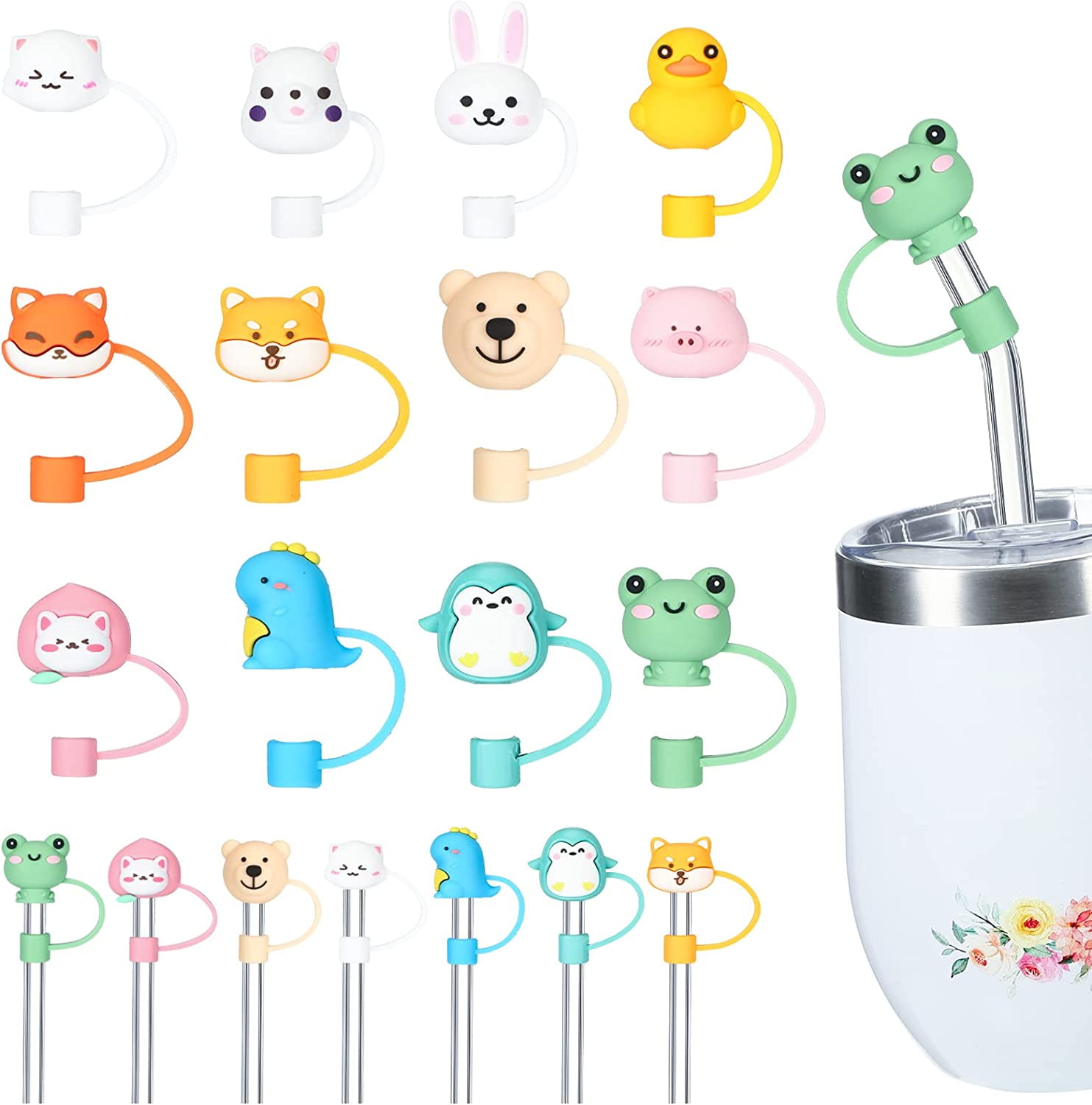 12 Pcs Animals Silicone Straw Covers Cap Reusable Straw Tip Covers ...