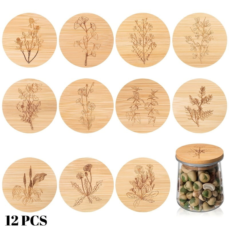 12 Pcs Bamboo Yogurt Jar Lids with Silicone Seal, Floral and Herb ...