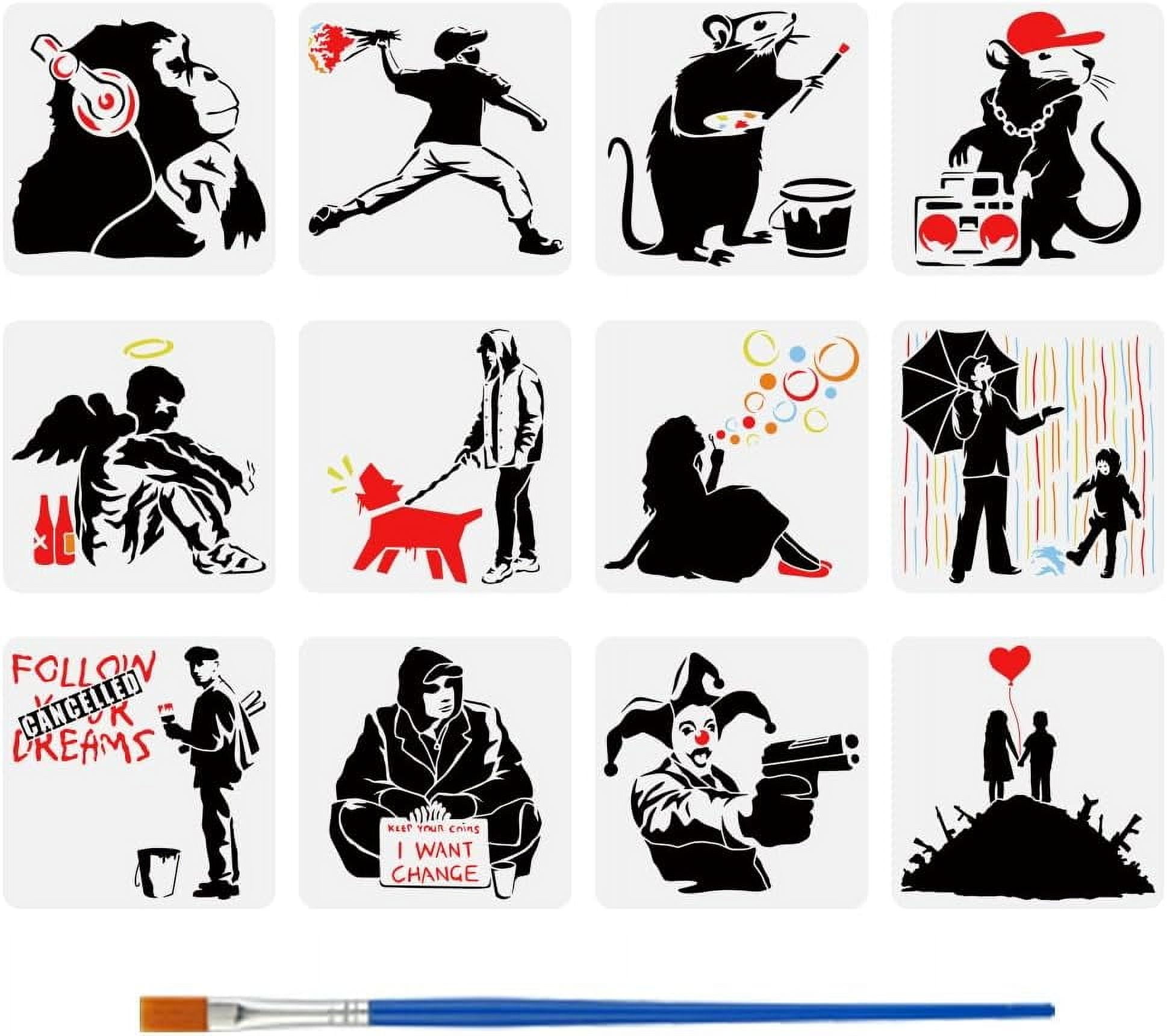 12 Pcs Banksy Drawing Stencil with Paint Brush 11.8x11.8inch Banksy ...
