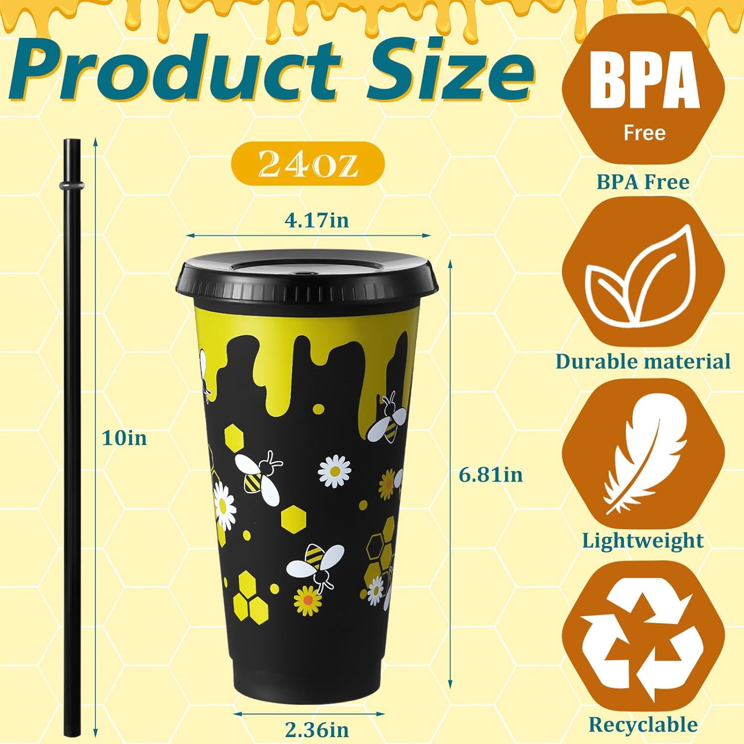 12 Pcs Bee Cups Bee Party Plastic Cups 24Oz Reusable Tumbler With Lid ...