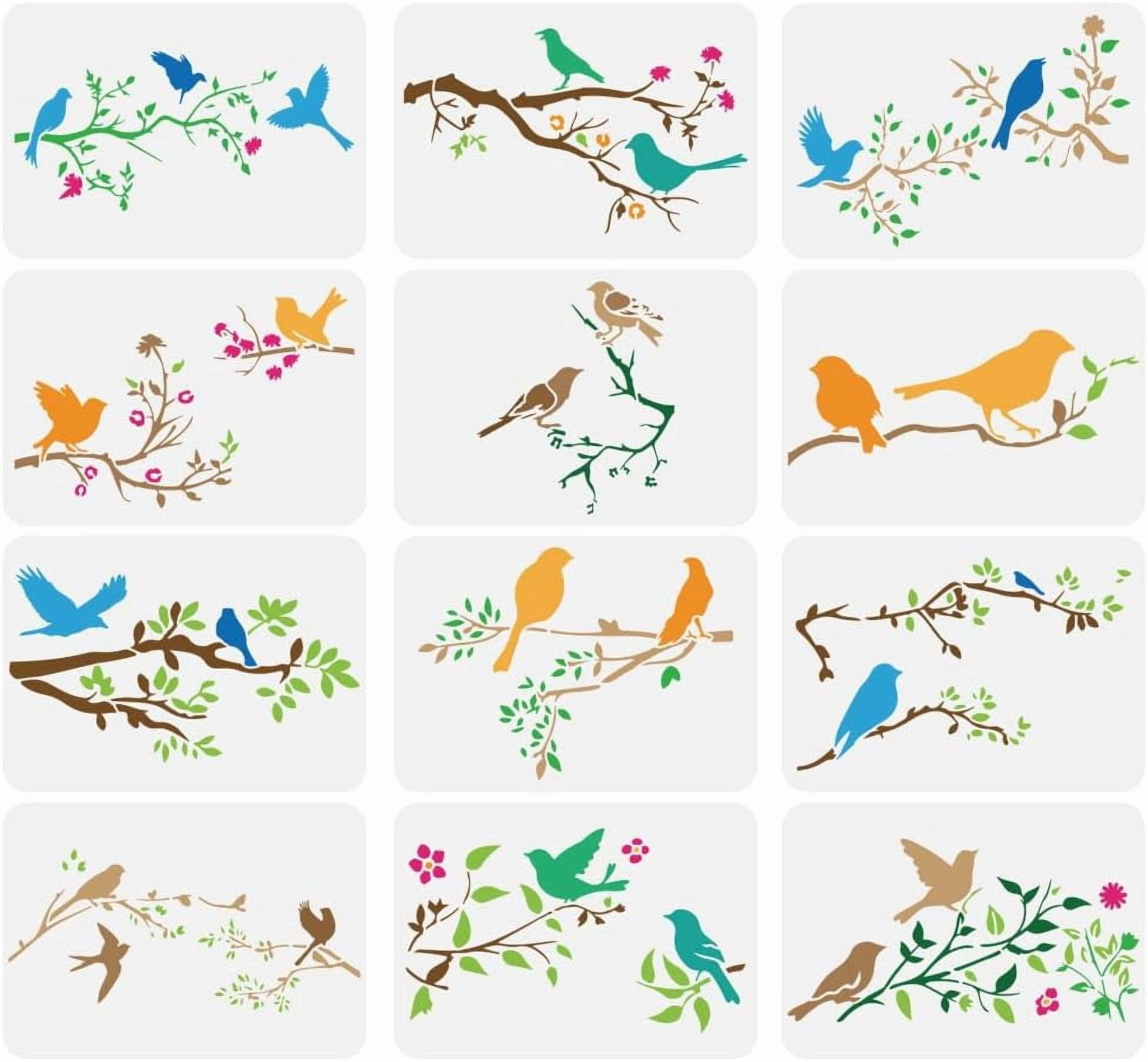 12 Pcs Birds on Tree Branch Painting Large Stencil 8.3x11.7 12 Styles ...