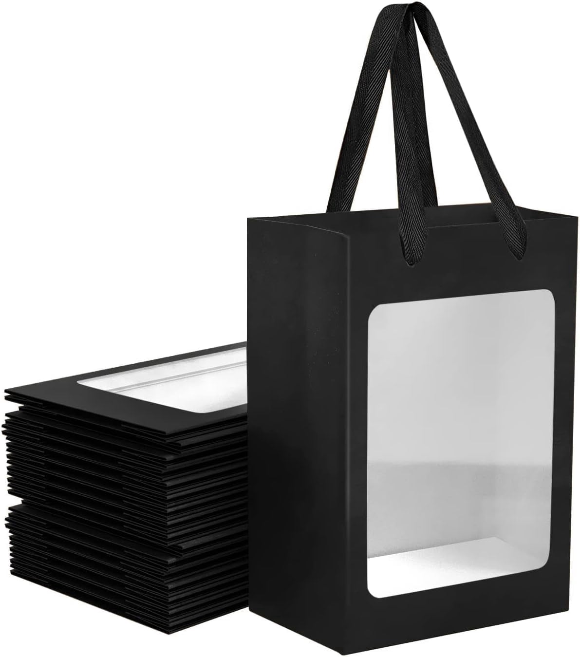 12 Pcs Black Kraft Paper Gift Bags with Transparent Window, 9.84"x7.0 ...
