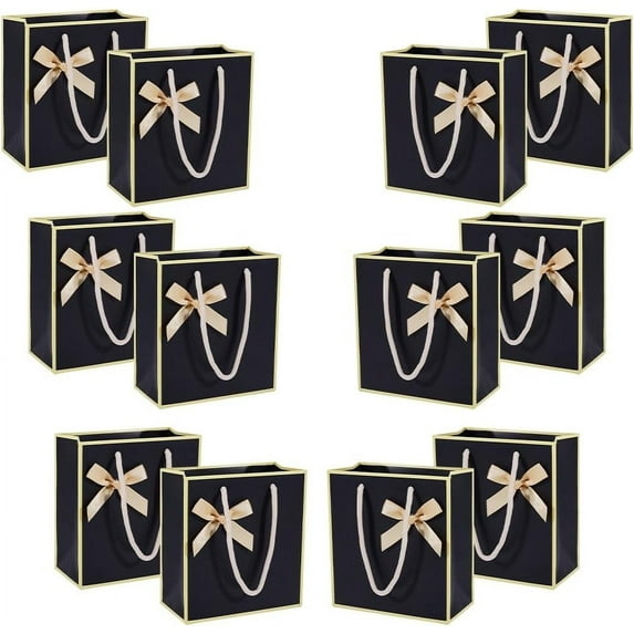 12 Pcs Black Solid Paper Gift Bags with Ribbon Bowknot Handle 7cm x ...