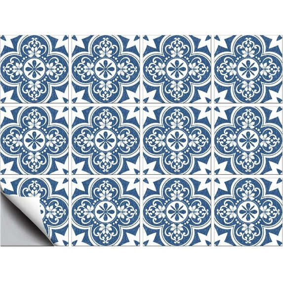 12 Pcs Blue Geometric Pattern Tile Stickers Washed Texture Peel and ...