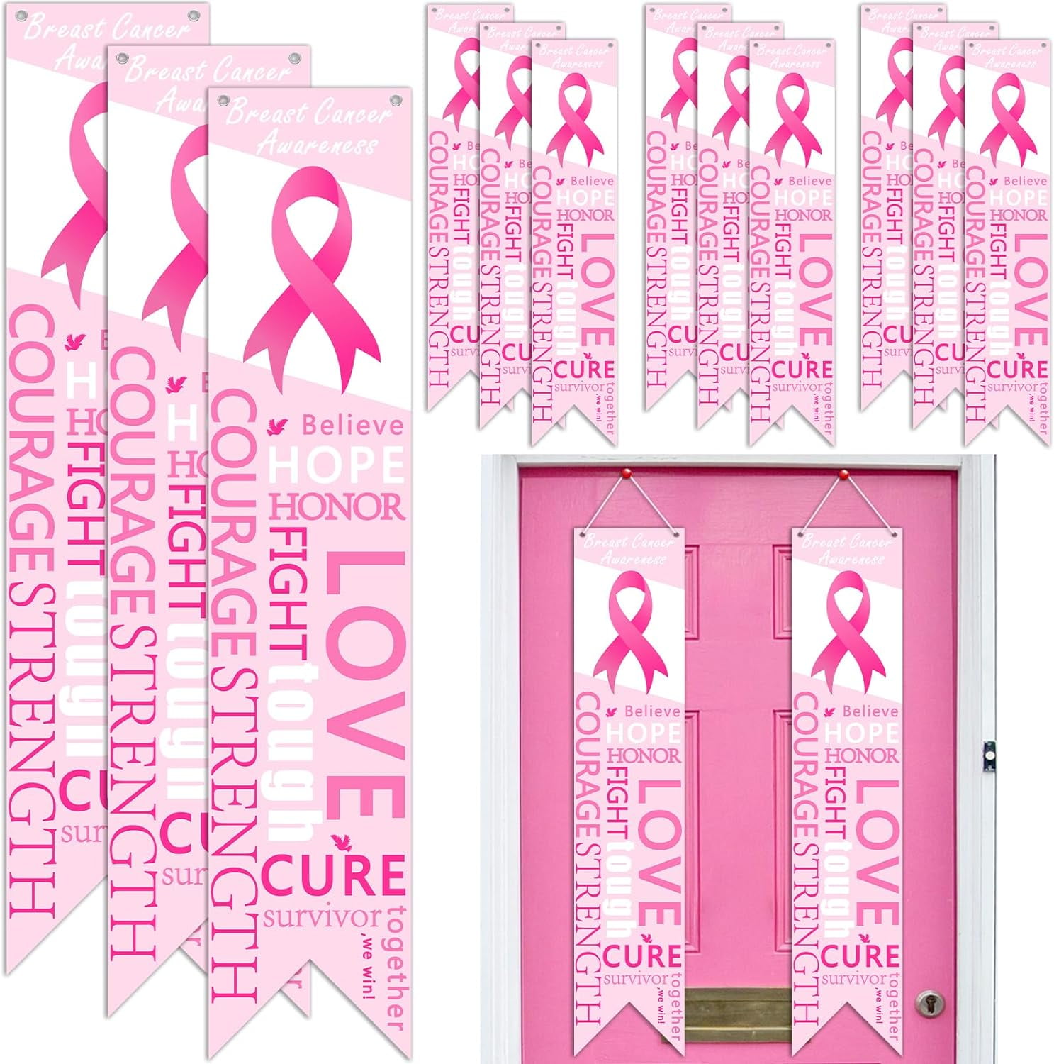 12 Pcs Breast Cancer Awareness Banner - Pink Ribbon Hanging Banner Hope ...