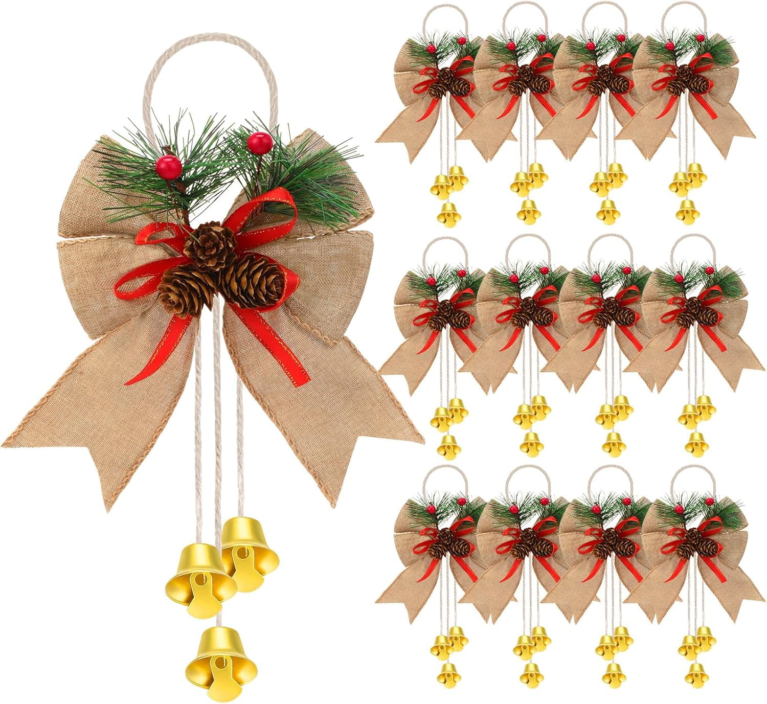 12 Pcs Burlap Christmas Bow with Pine Cones Large Christmas Wreath Bows ...