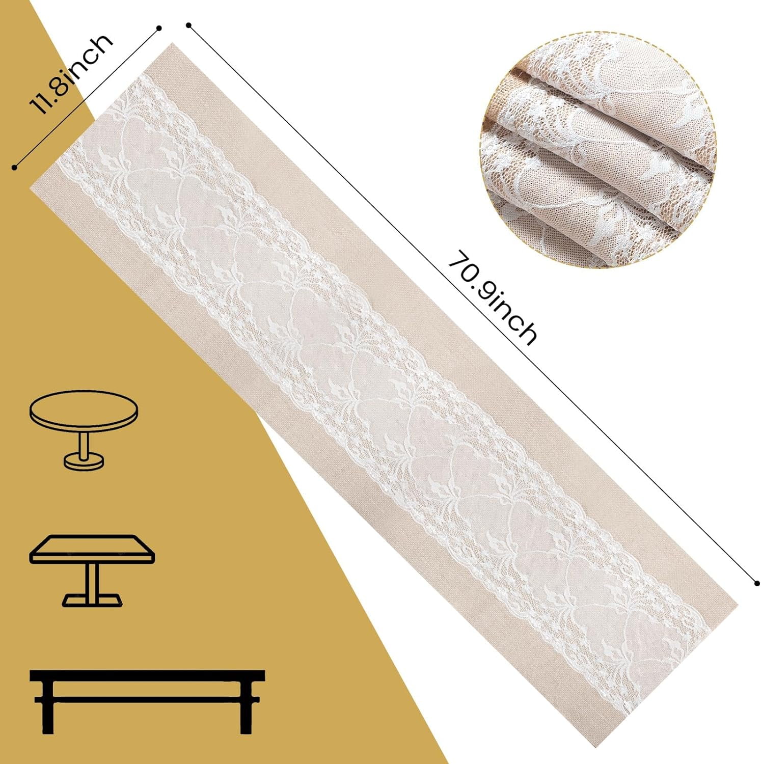 12 Pcs Burlap Table Runner 11.8 x 70.9 Inch White Lace Table Cover ...