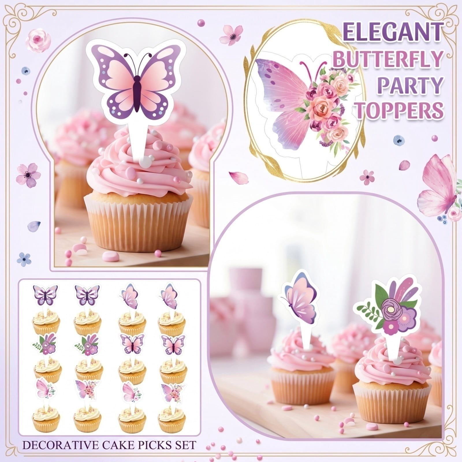12 Pcs Butterfly Cupcake Toppers Purple Butterfly Floral Cake Topper ...