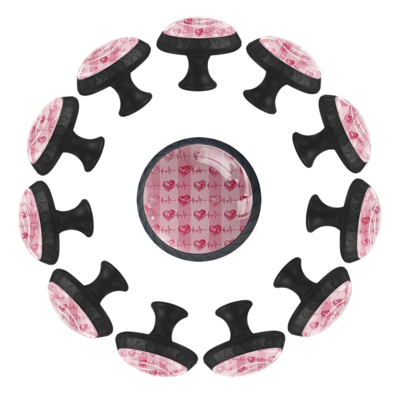 12 Pcs Cabinet Knobs Electrocardiogram Heart Beat with Pink Hearts, Round Crystal Glass Drawer ...