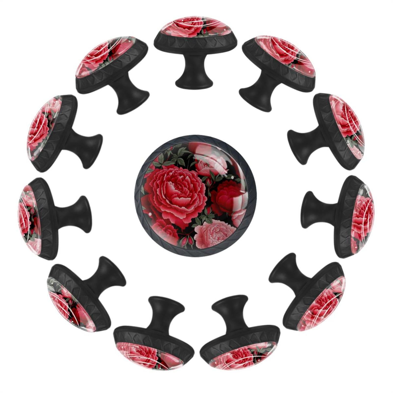 12 Pcs Cabinet Knobs Embroidery Red Roses Pink Peonies, Round Crystal ...