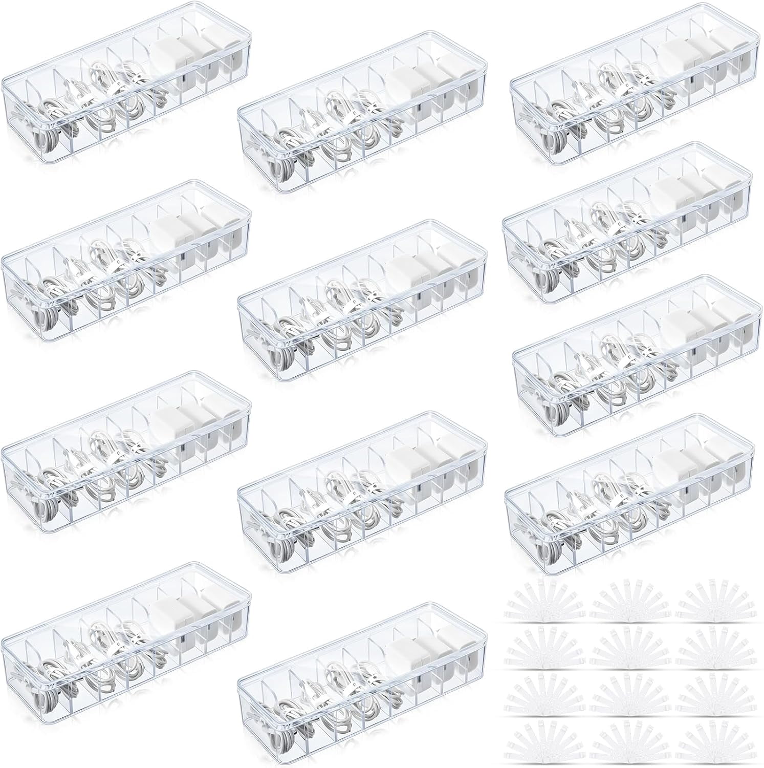 12 Pcs Cable Organizer with 120 Wire Ties, Clear Plastic Cord Charger ...