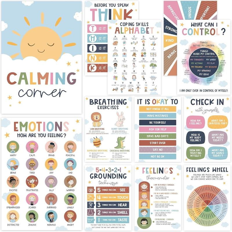 12 Pcs Calming Corner Posters – Emotions Chart & Feelings Wheel for ...
