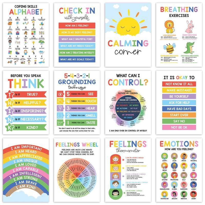 12 PcsPosters – Emotions Chart & Feelings Wheel for Kids, Calm Down ...