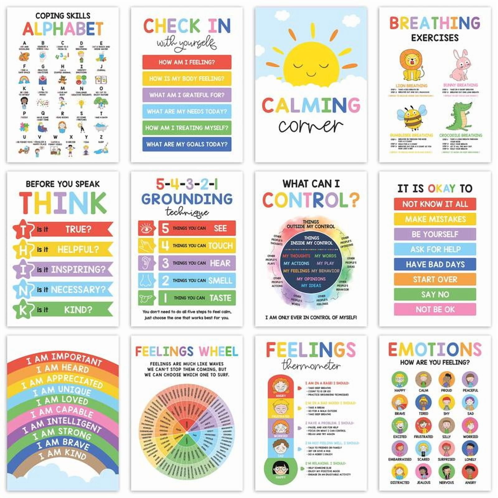 12 Pcs Calming Posters – ESL, Emotions Chart & Feelings Wheel for Kids ...