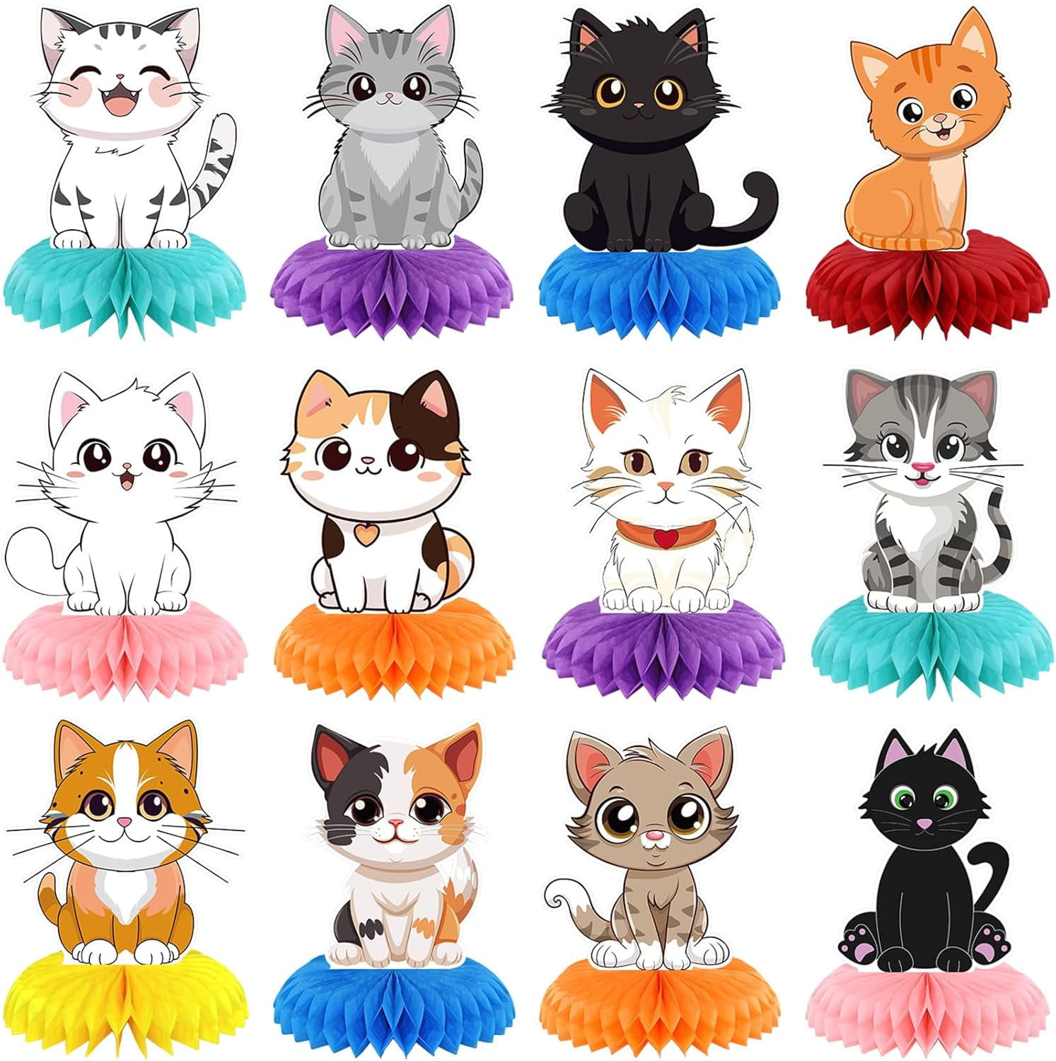 12 Pcs Cat Birthday Party Decoration Honeycomb Centerpieces Kitten ...