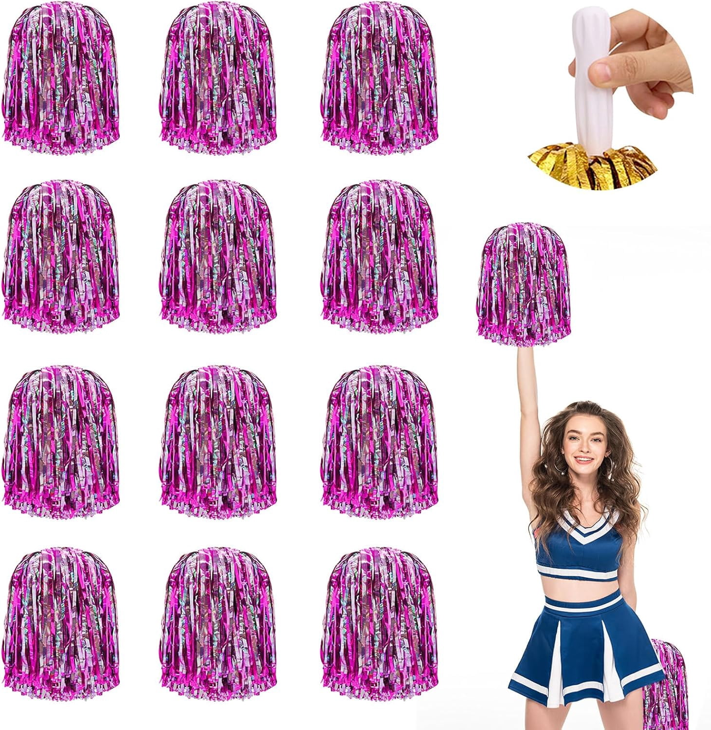 12 Pcs Cheerleader Pom Poms,with Baton Handle for Rooters Cheering ...