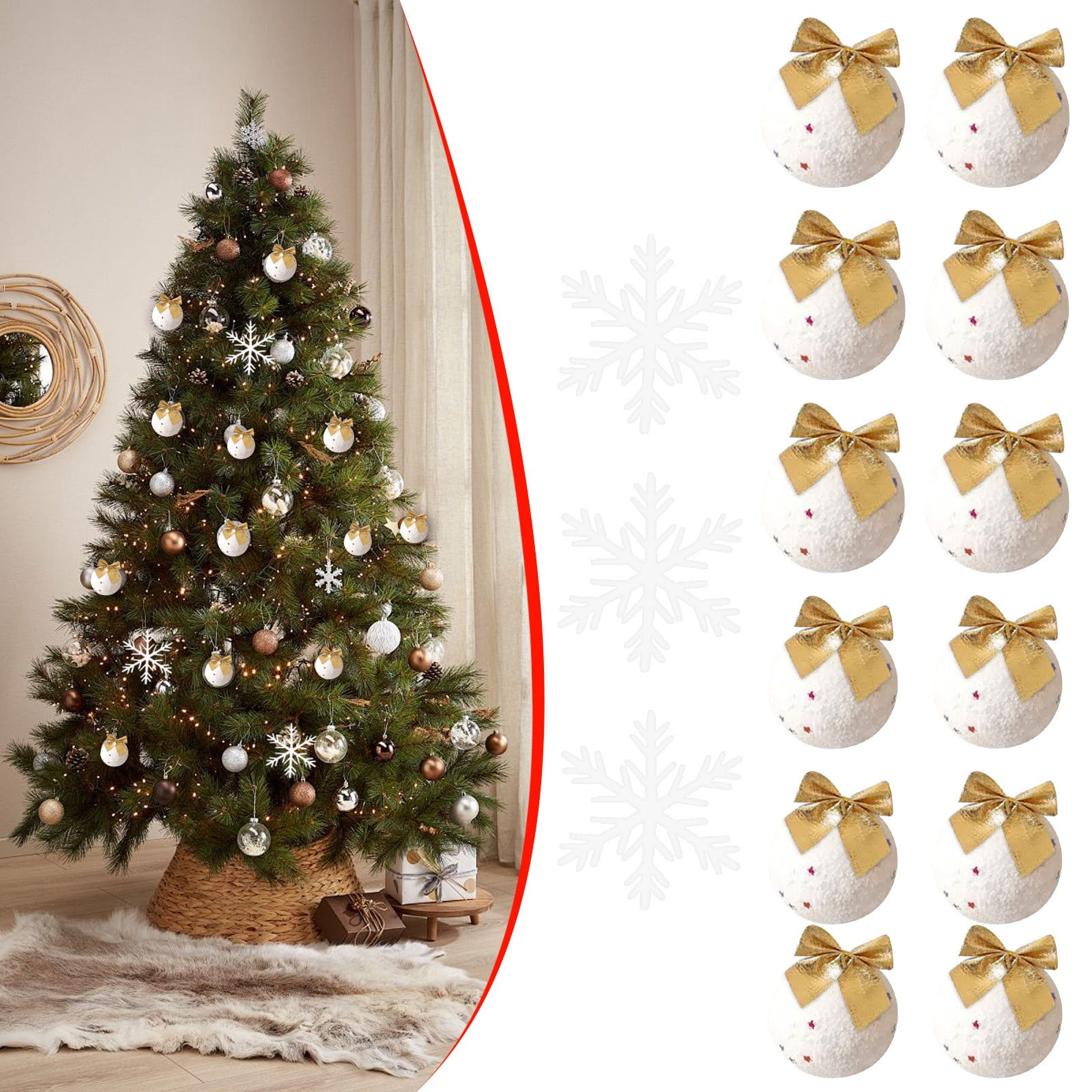 12 Pcs Christmas Ball Ornament,Hanging Snowy Balls with Bow,Xmas Trees Baubles Pendants Decor ...