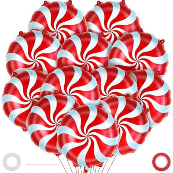 12 Pcs Christmas Balloons, Red Candy Foil Balloons,Large Candy Swirl ...