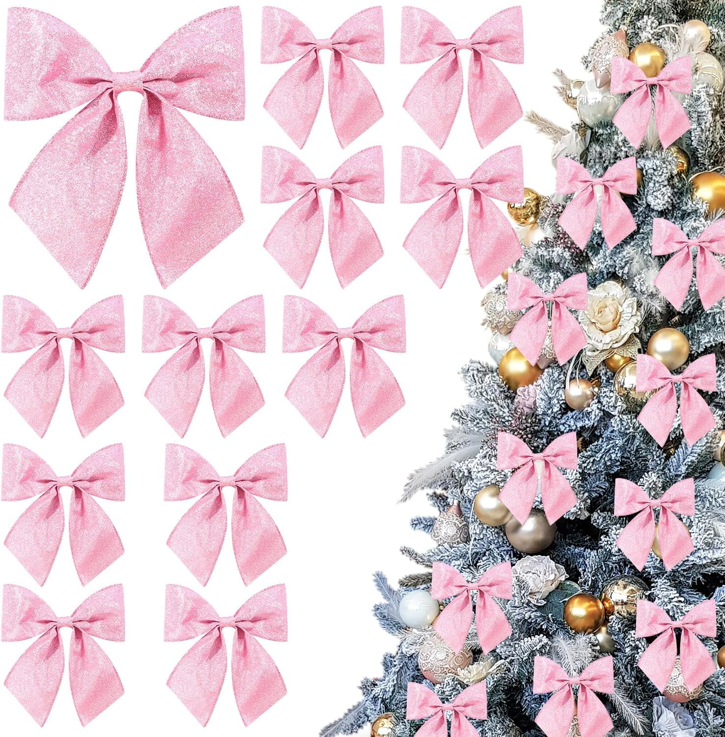 12 Pcs Christmas Bows for Tree, 5.5'' Xmas Bows with Glitter Ribbon ...