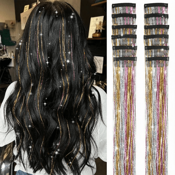 12 Pcs Clip In Hair Tinsel Extensions Glitter Hair Strands Multi-Color ...