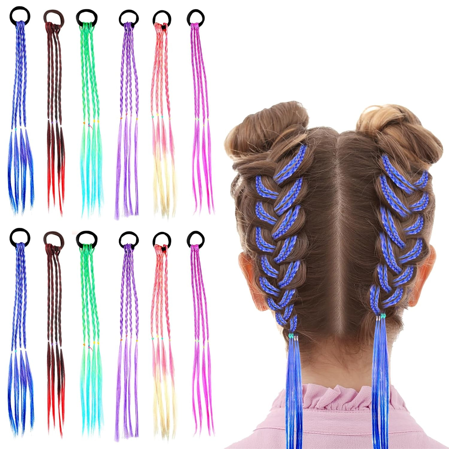 12 Pcs Colored Braids Hair Extensions with Rubber Bands, Braided Wigs ...