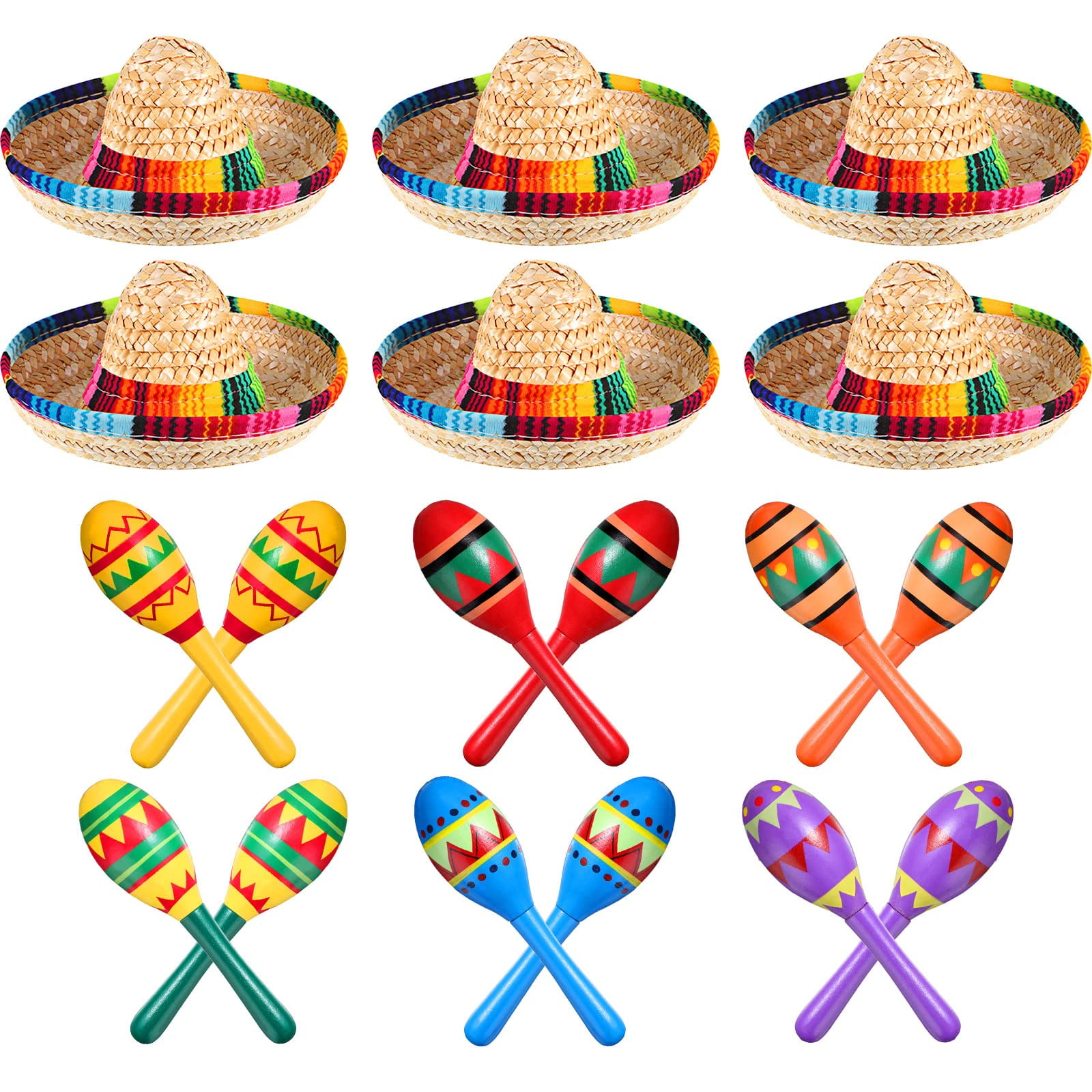 12 Pcs Colorful Wooden Maracas and 6 Pcs Mini Sombrero Hats - Mexican ...