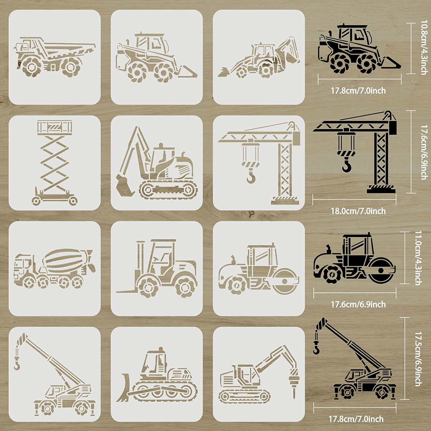 12 Pcs Construction Vehicle Stencils 7.9x7.9 inch Reusable Truck ...