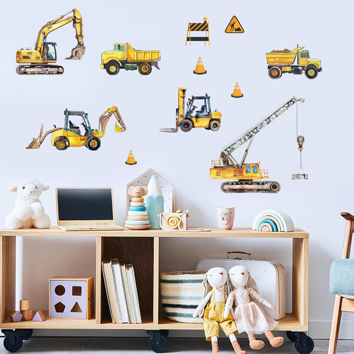 12 Pcs Construction Vehicles Wall Decals Watercolor Excavator Crane ...