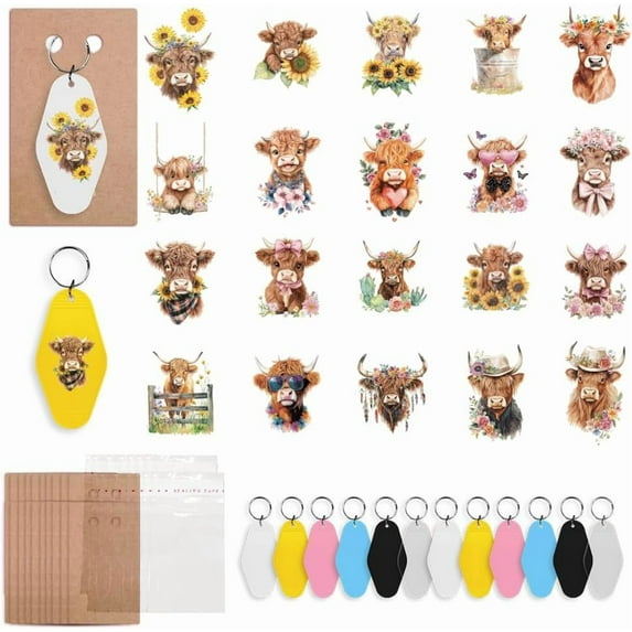 12 Pcs DIY Motel Keychain Blank with 40 Pcs Highland Cow UV DTF ...