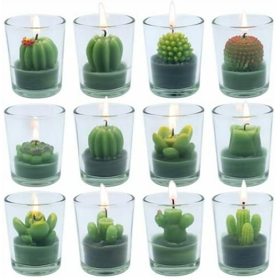 12 Pcs Decorative Succulent Cactus Tealight Candle Set - Handmade Mini ...