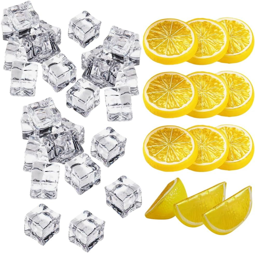 12 Pcs Fake Lemon Slices and 30 Pcs Acrylic Ice Cubes Simulation Lemon ...