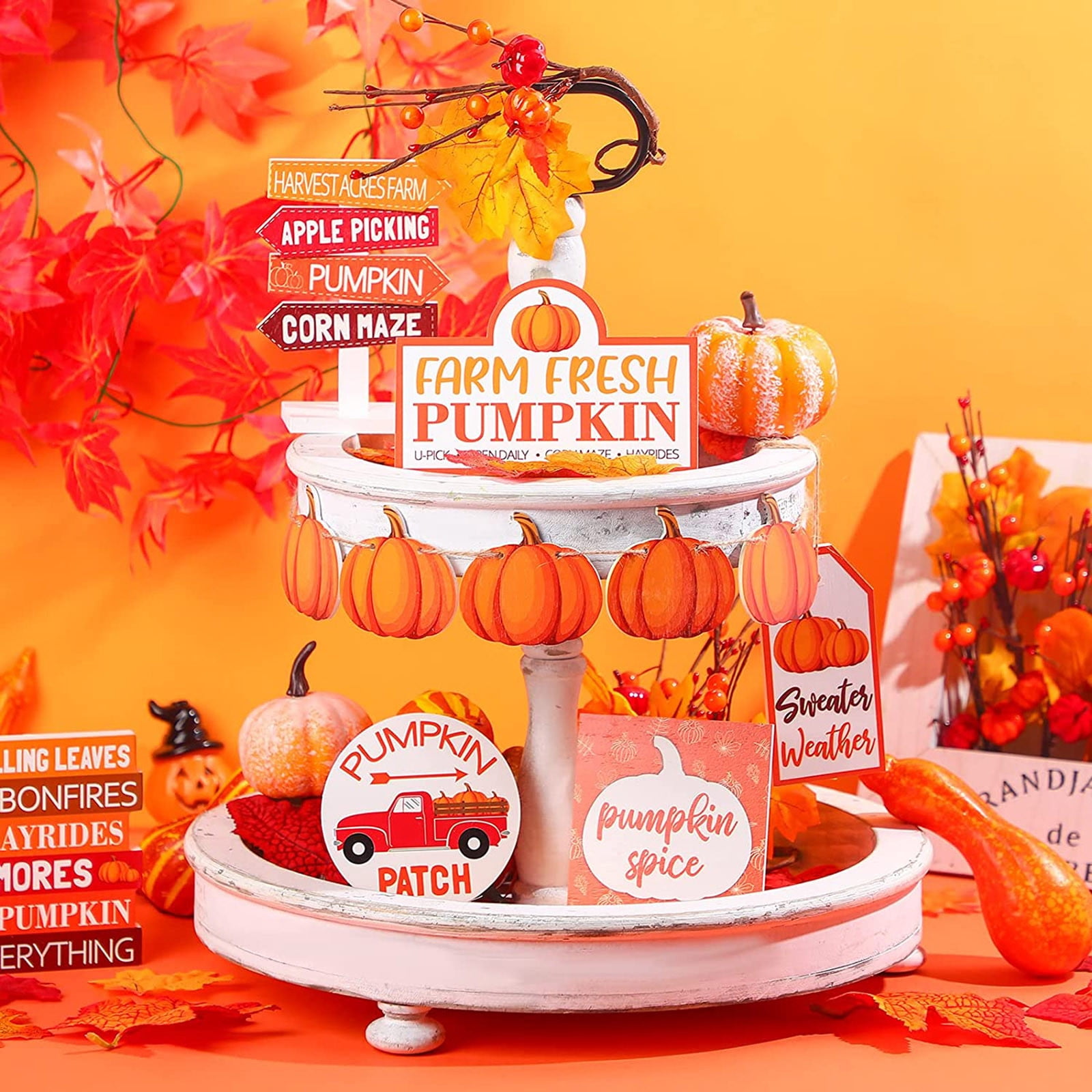 12 Pcs Fall Tiered Tray Decor Set Thanksgiving Wood Sign Pumpkin Gnome ...