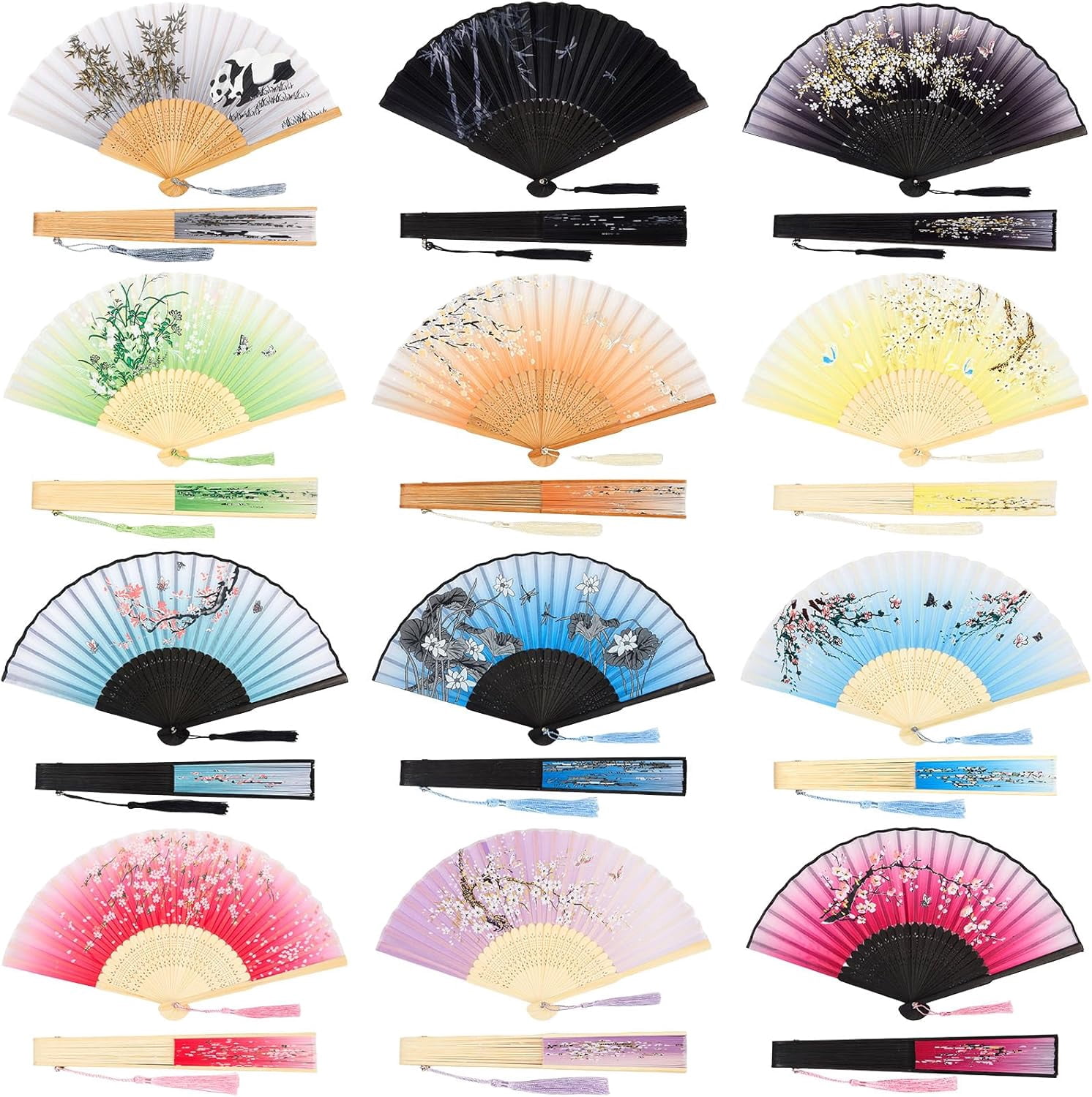 12 Pcs Floral Folding Hand Fans with Tassels, Bamboo Vintage Chinese ...