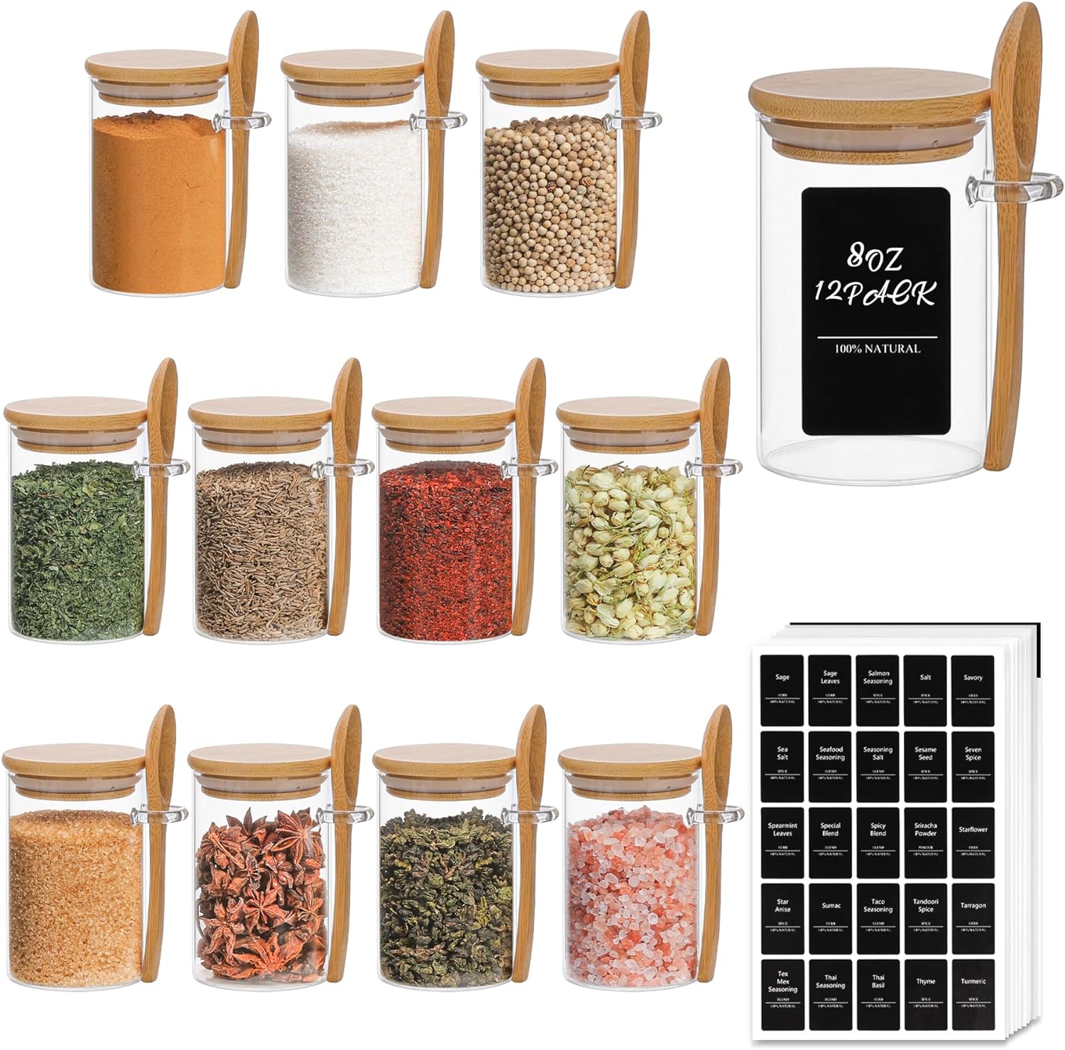 12 Pcs Glass Spice Jars with Lids and Spoons, 8oz Glass Containers with ...