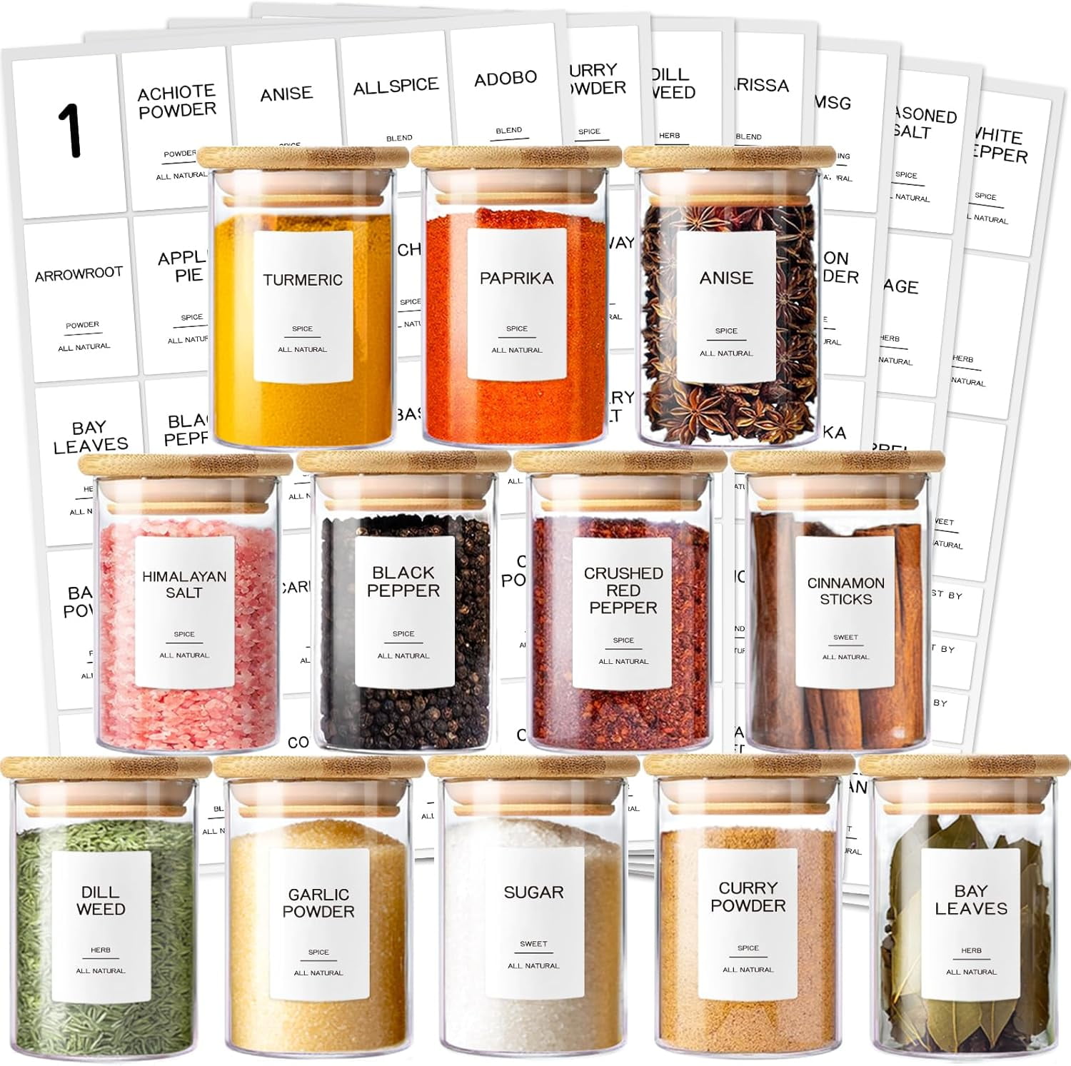 12 Pcs Glass Spice Jars with Bamboo Airtight Lids & 201 Labels - 8oz ...