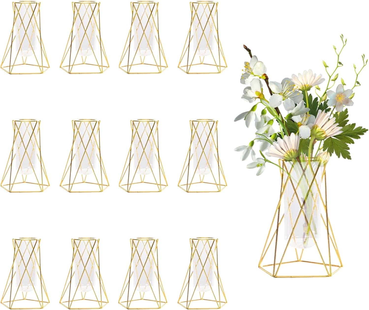 12 Pcs Gold Geometric Vase for Centerpieces, Glass Vase with Metal ...