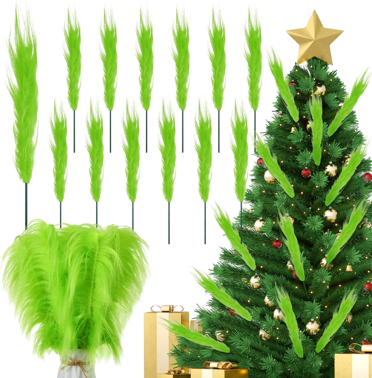 12 Pcs Grinch Christmas Tree Topper 14'' Furry Stems Lime Grinch Curly ...