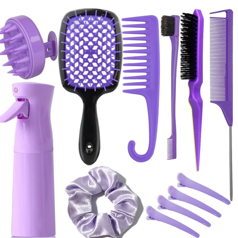 SUWU Hair Brush Set with Detangling, Edge, Wide Tooth Combs and Styling ...