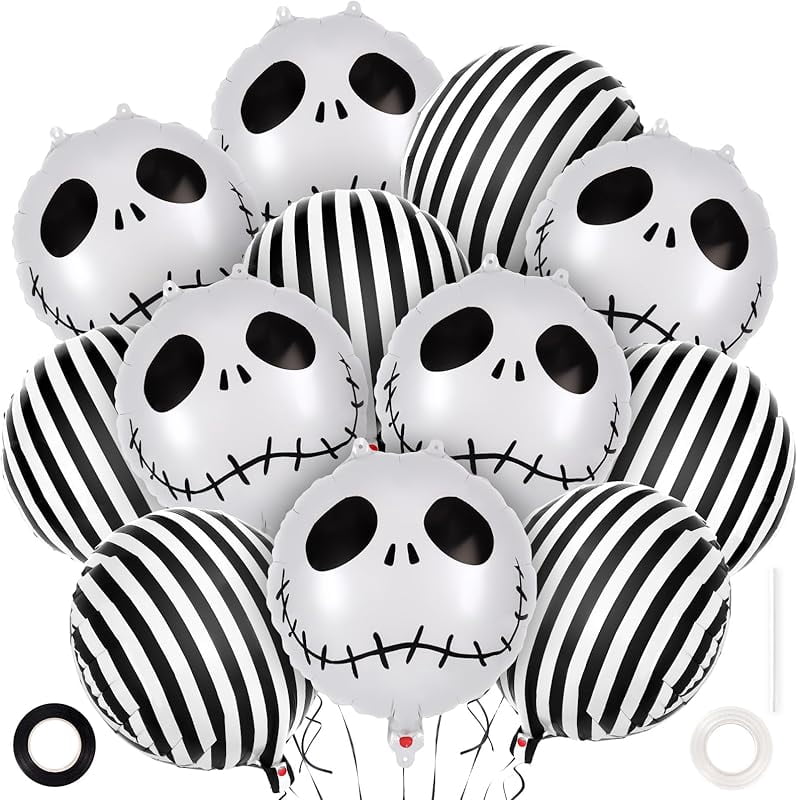 12 Pcs Halloween Balloons, Skull Foil Balloons Black White Striped ...