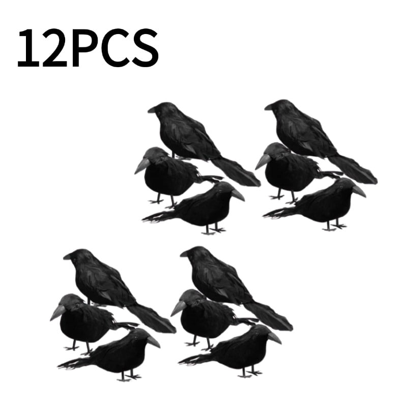 12 Pcs Halloween Crows Decorations Black Fake Feathered Crows Realistic ...