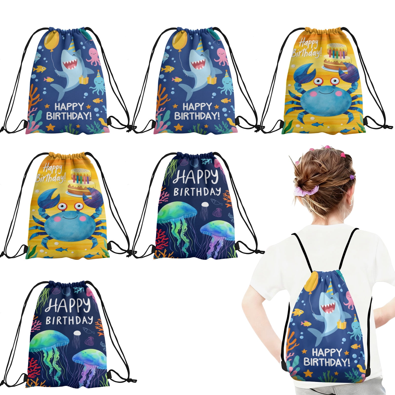 12 Pcs Happy Birthday Marine Animal Theme Drawstring Backpack ...