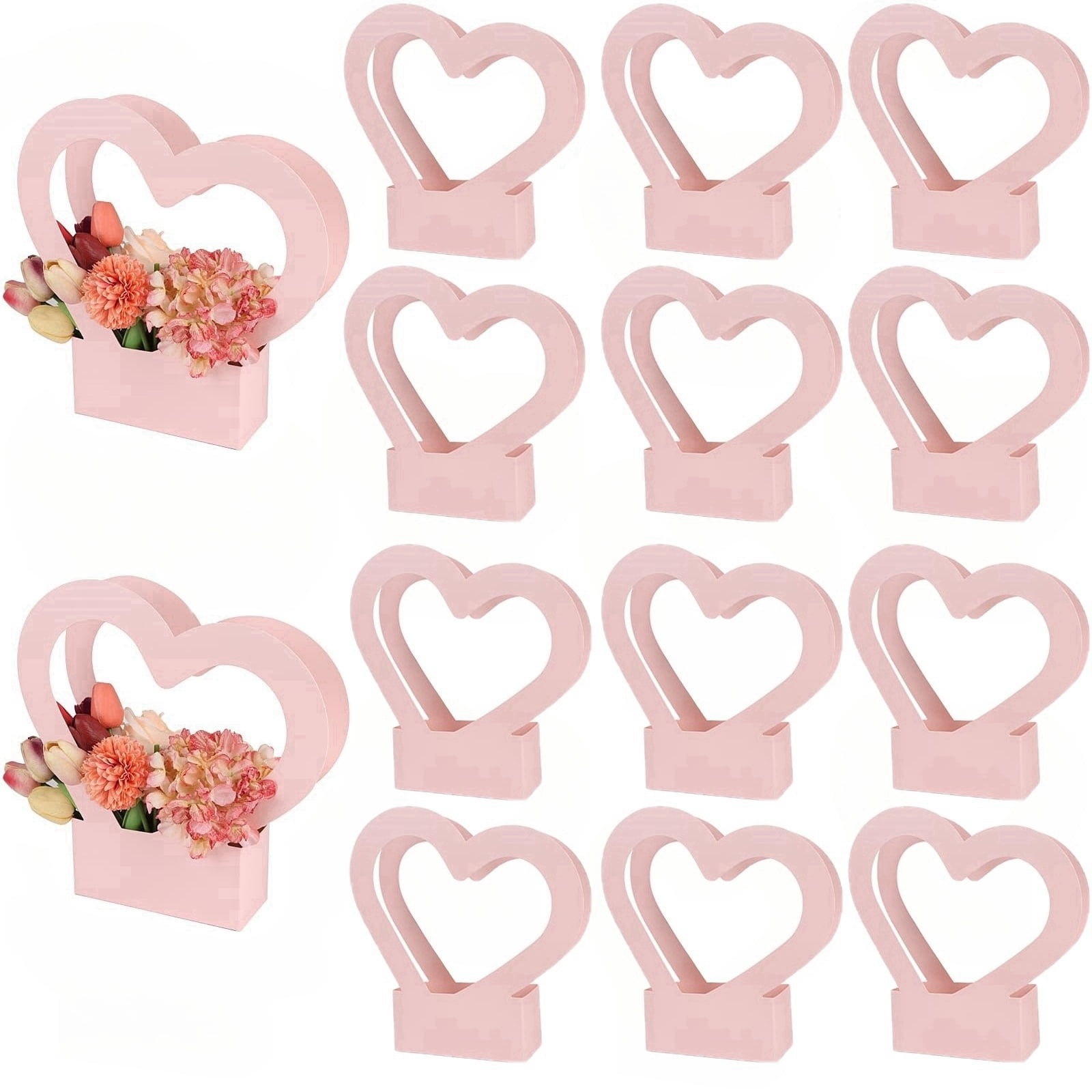 12 Pcs Heart Shaped Flower Gift Boxes, Bouquet Bags with Handle, Kraft ...