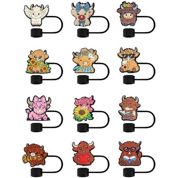 12 Pcs Highland Cow Straw Covers for Stanley Cup, 10mm 0.4in Reusable ...