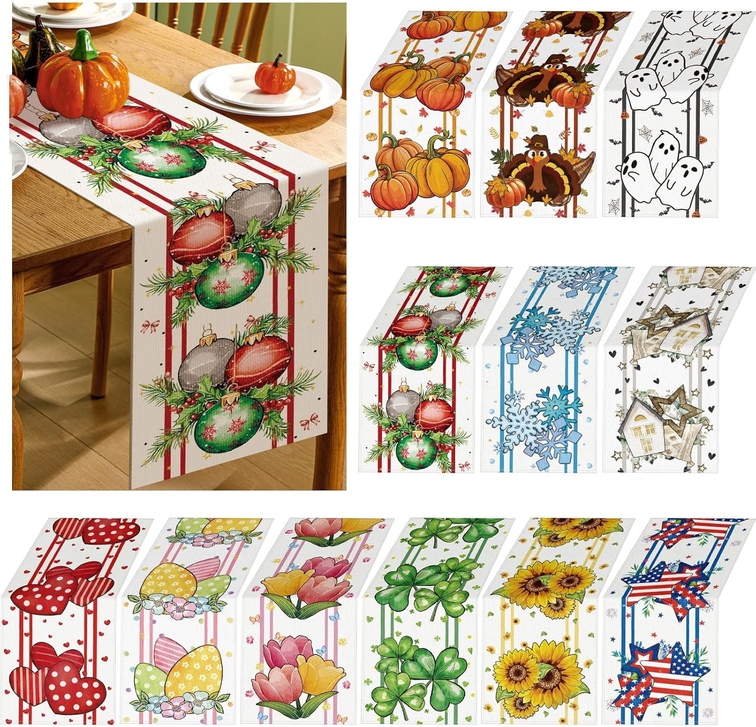 12 Pcs Holiday Table Runner Seasonal Farmhouse Table Decor 13 x 72 Inch ...