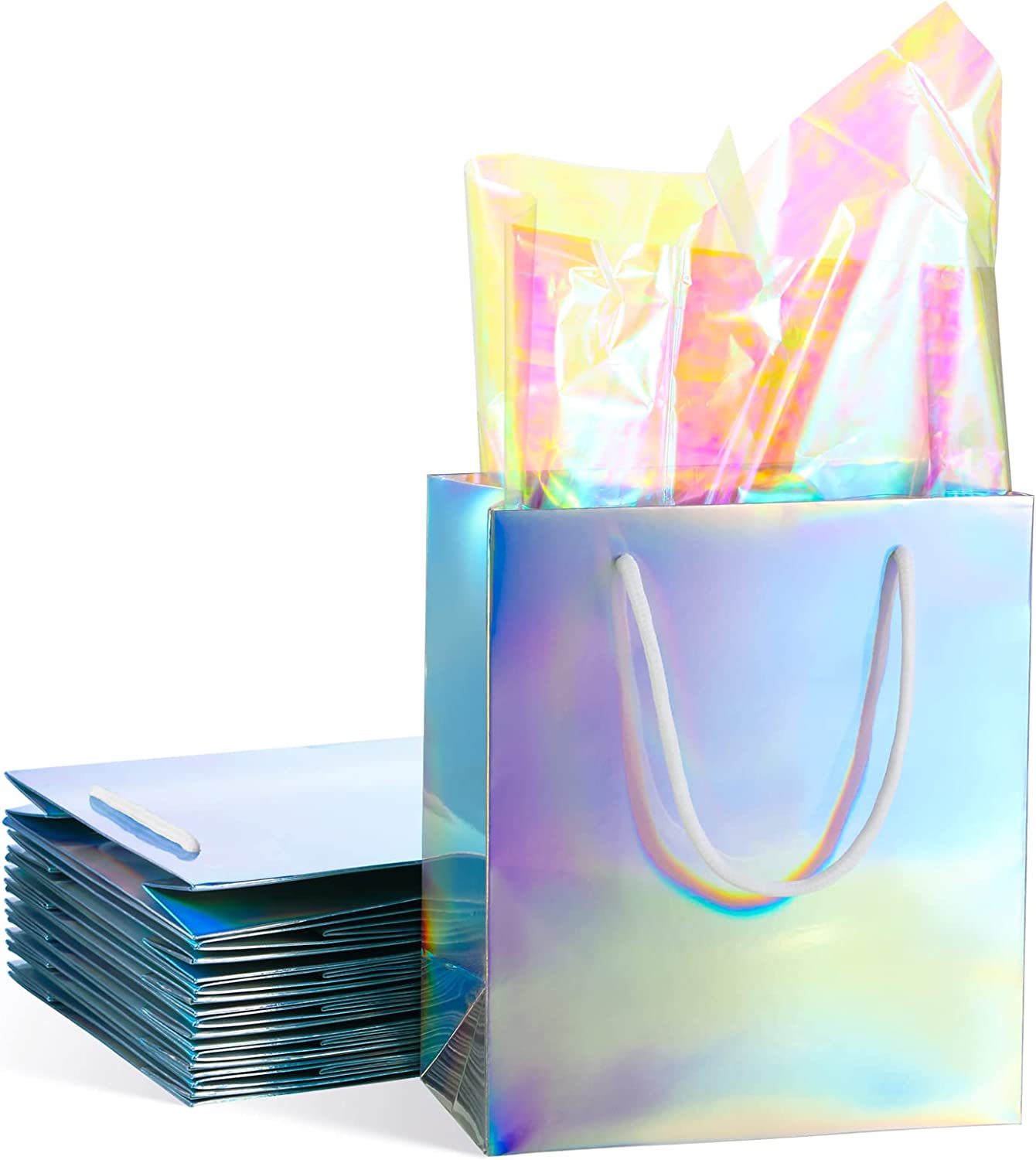 12 Pcs Holographic Silver Gift Bags - Rainbow Glossy Cle - Iridescent ...