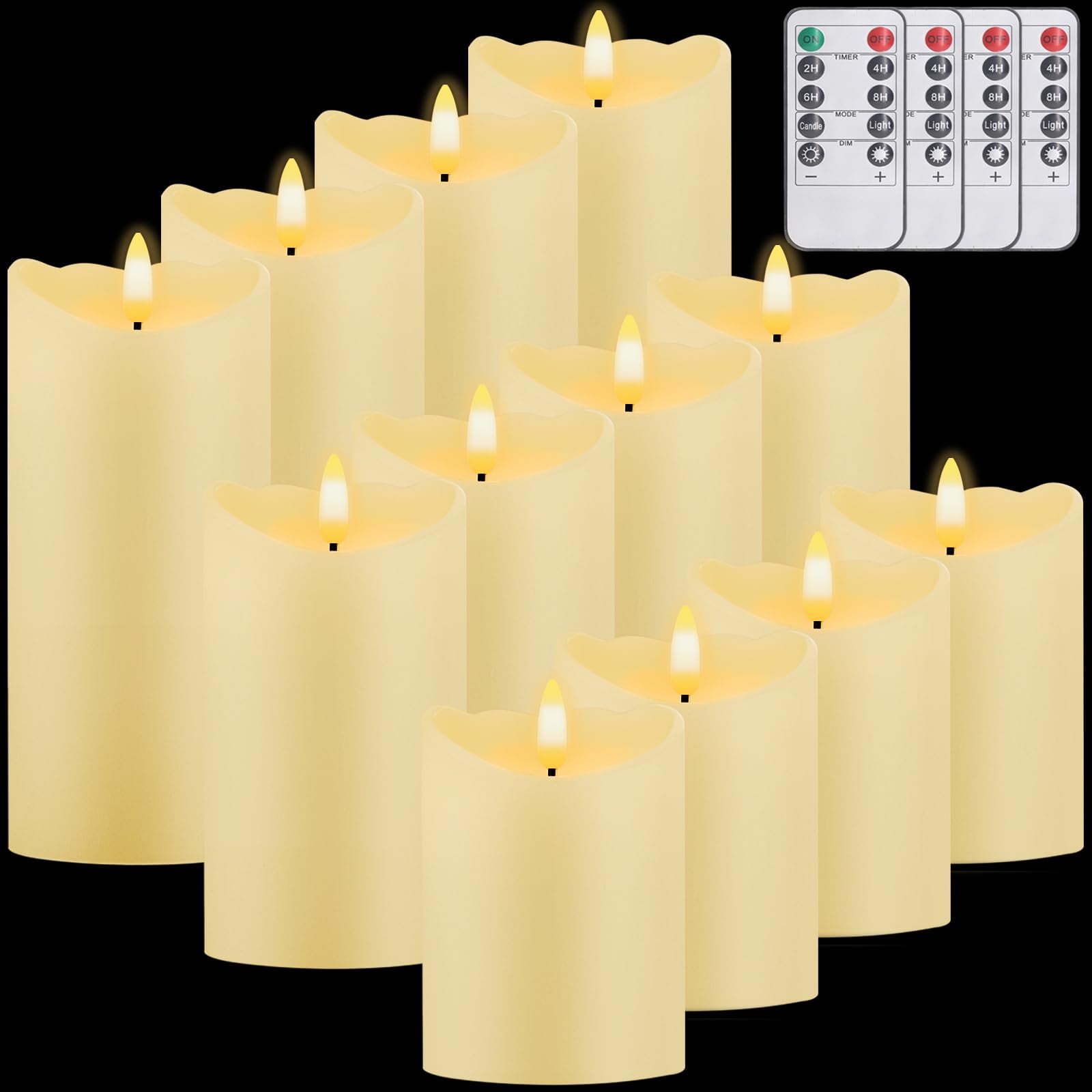 12 Pcs Ivory Flameless Melted Top LED with Remote Timer, Pillar ...