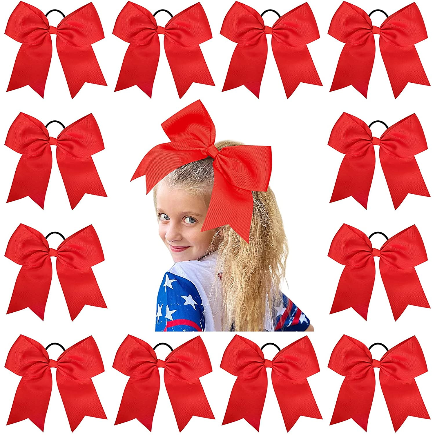 12 Pcs Large Cheer Bows 8" Bulk Hair Bow Accessories with Ponytail ...