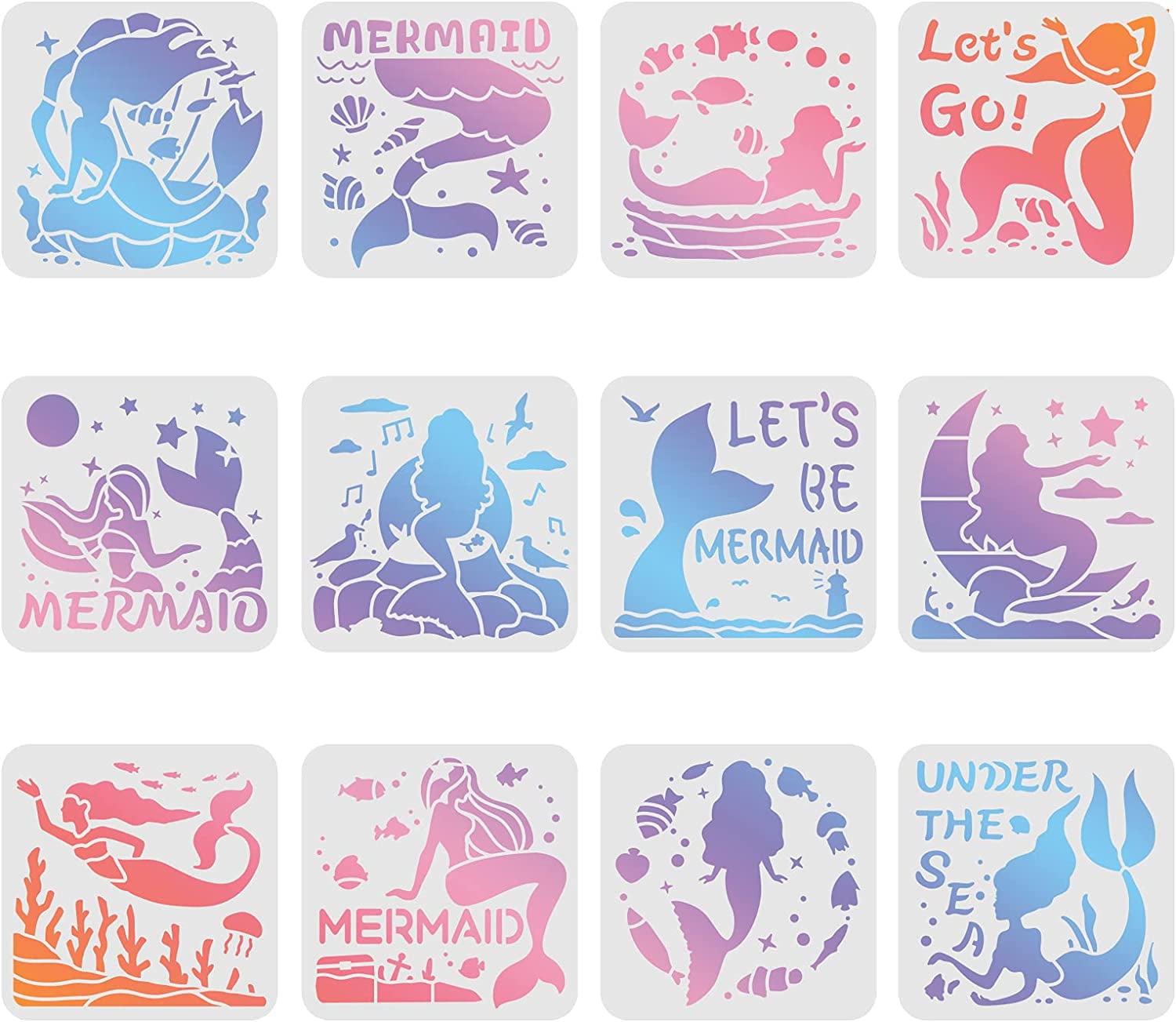 12 Pcs Mermaid Stencils Mermaid Theme Painting Templates Sets 8x8 inch ...