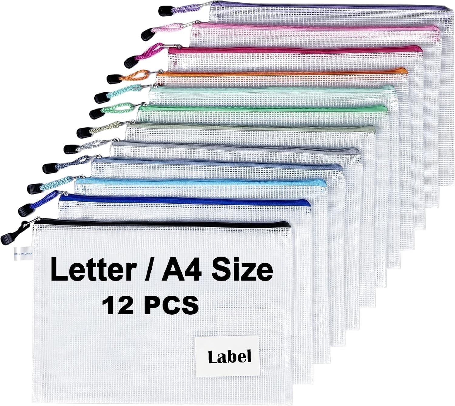 12-Pcs A4/Letter Size Mesh Zipper Pouch with Label Pocket, TRANBO Zip ...