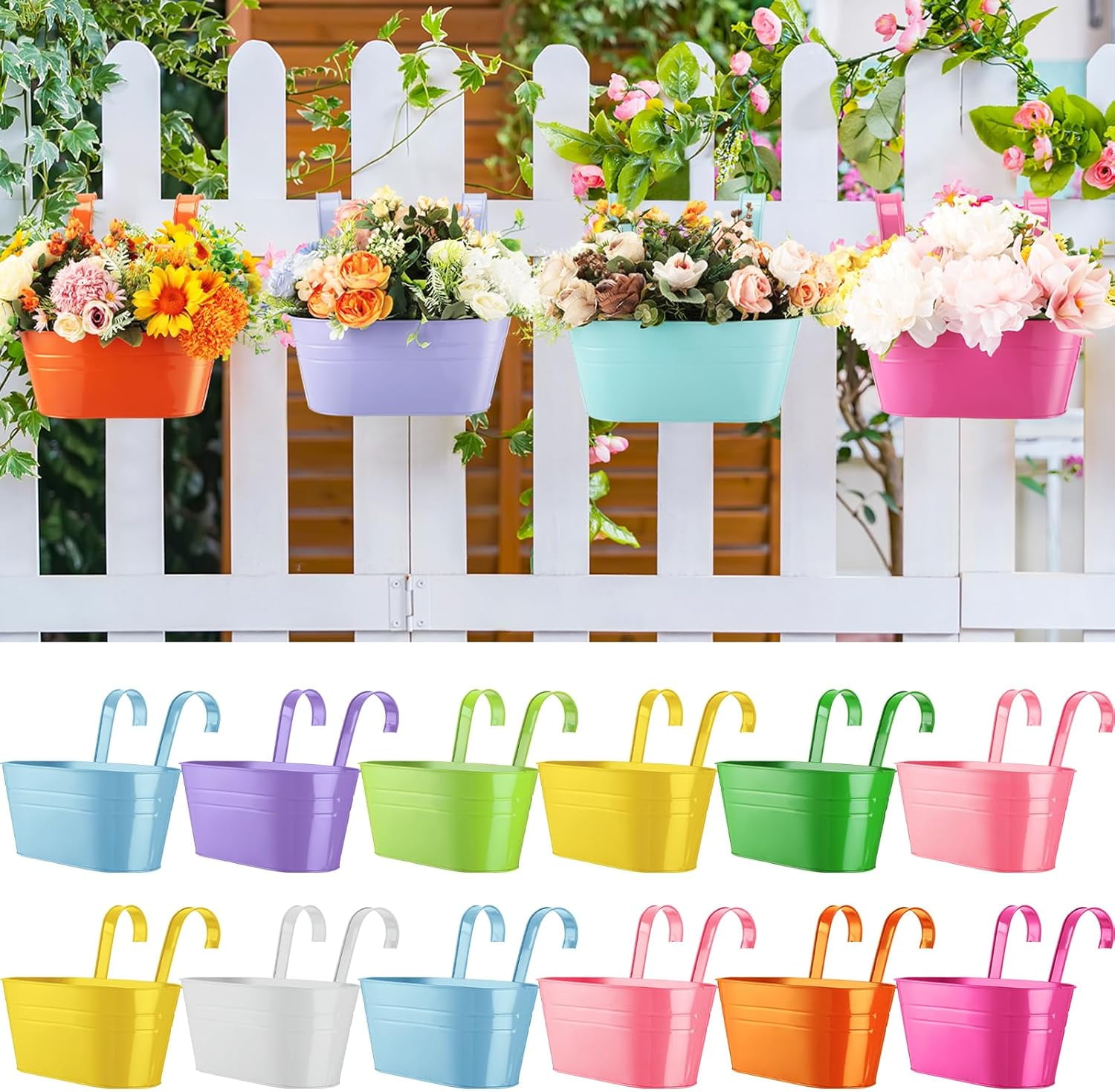 12 Pcs Metal Hanging Flower Pot Railing Planter Multicolor Iron Planter Bucket Holder with ...